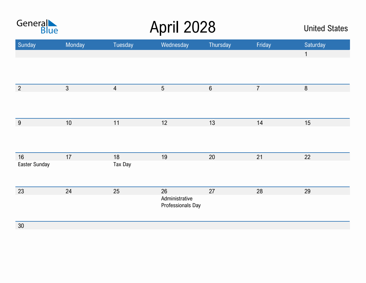 Editable April 2028 Calendar with United States Holidays