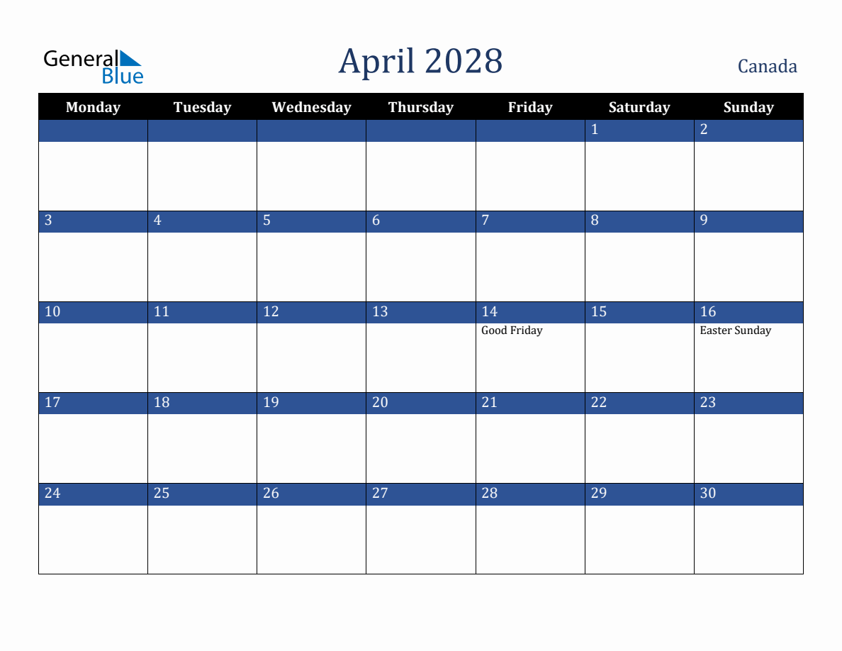 April 2028 Canada Holiday Calendar