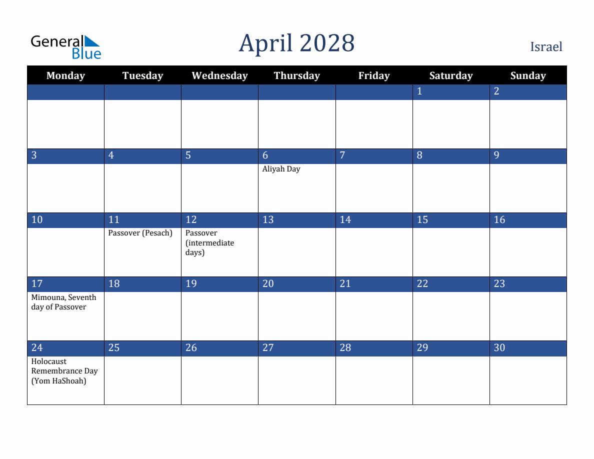 April 2028 Israel Holiday Calendar (Monday Start)