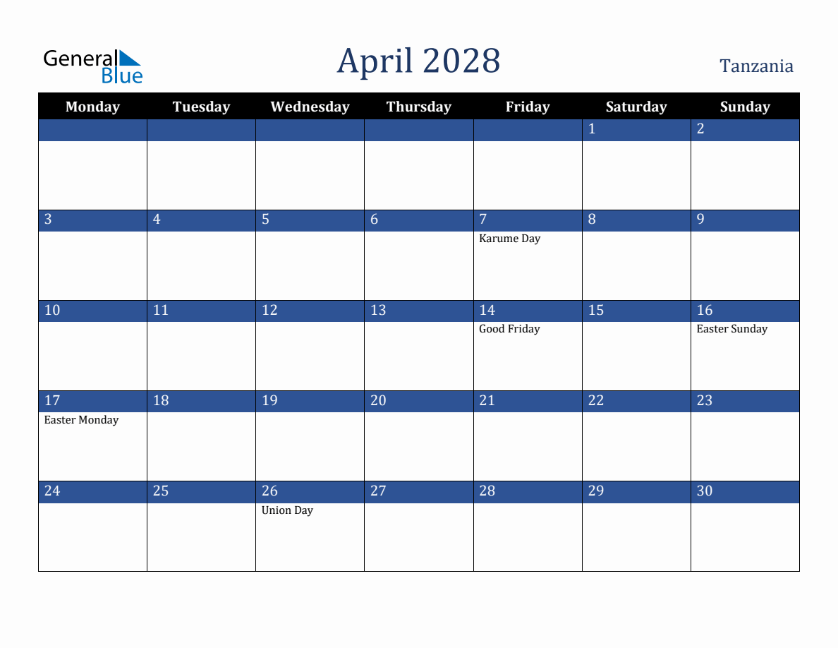 April 2028 Tanzania Holiday Calendar (Monday Start)