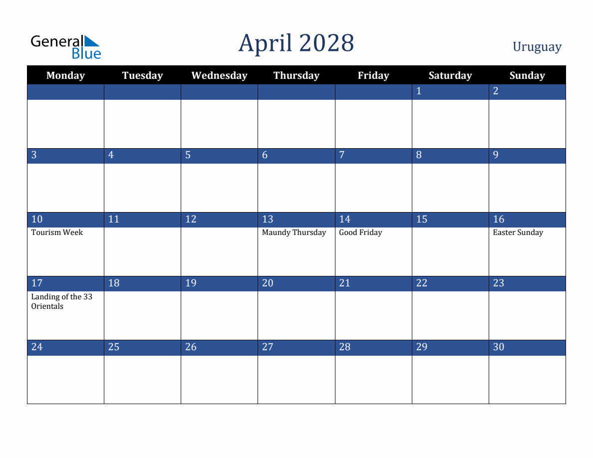 April 2028 Uruguay Holiday Calendar (Monday Start)