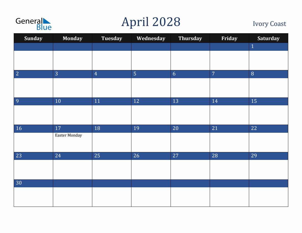 April 2028 Ivory Coast Holiday Calendar