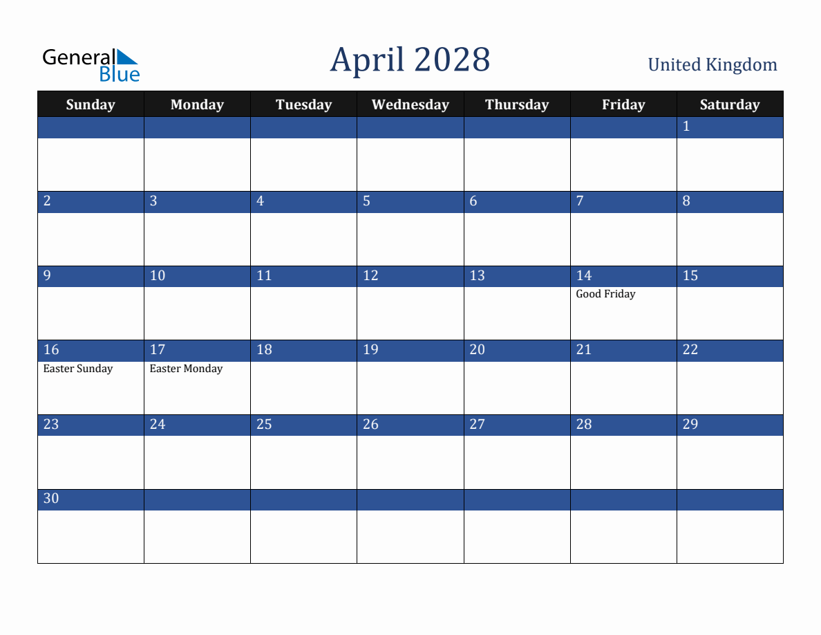 April 2028 United Kingdom Holiday Calendar
