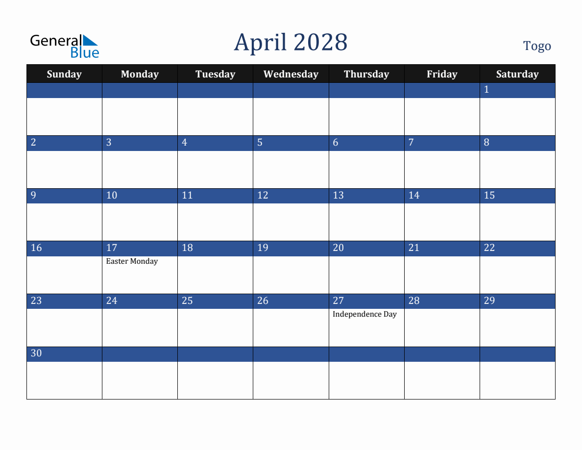 April 2028 Togo Holiday Calendar