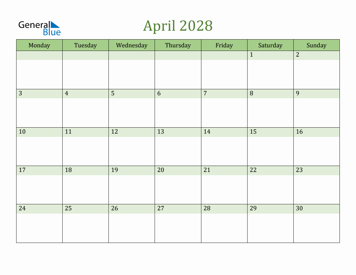 Fillable April 2028 Calendar - Monday Start