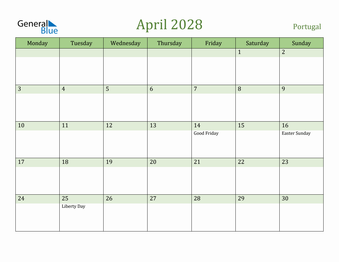 Fillable Holiday Calendar for Portugal - April 2028