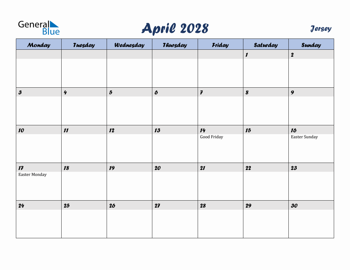 April 2028 Monthly Calendar Template with Holidays for Jersey (Monday ...