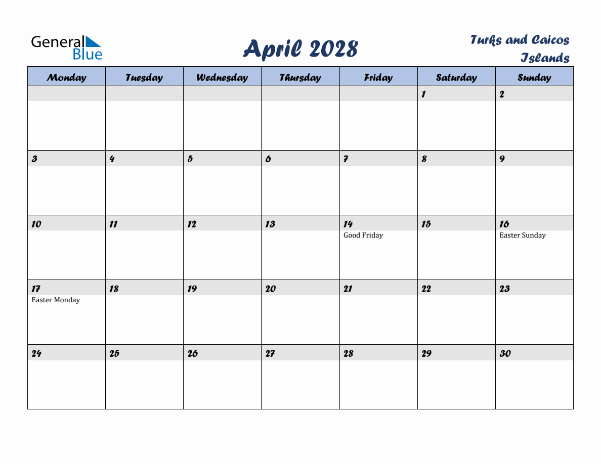 April 2028 Monthly Calendar Template with Holidays for Turks and Caicos ...