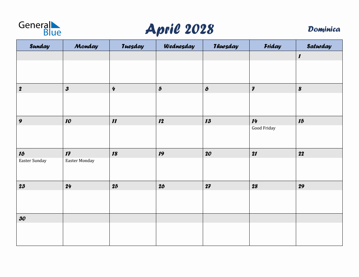 April 2028 Monthly Calendar Template with Holidays for Dominica