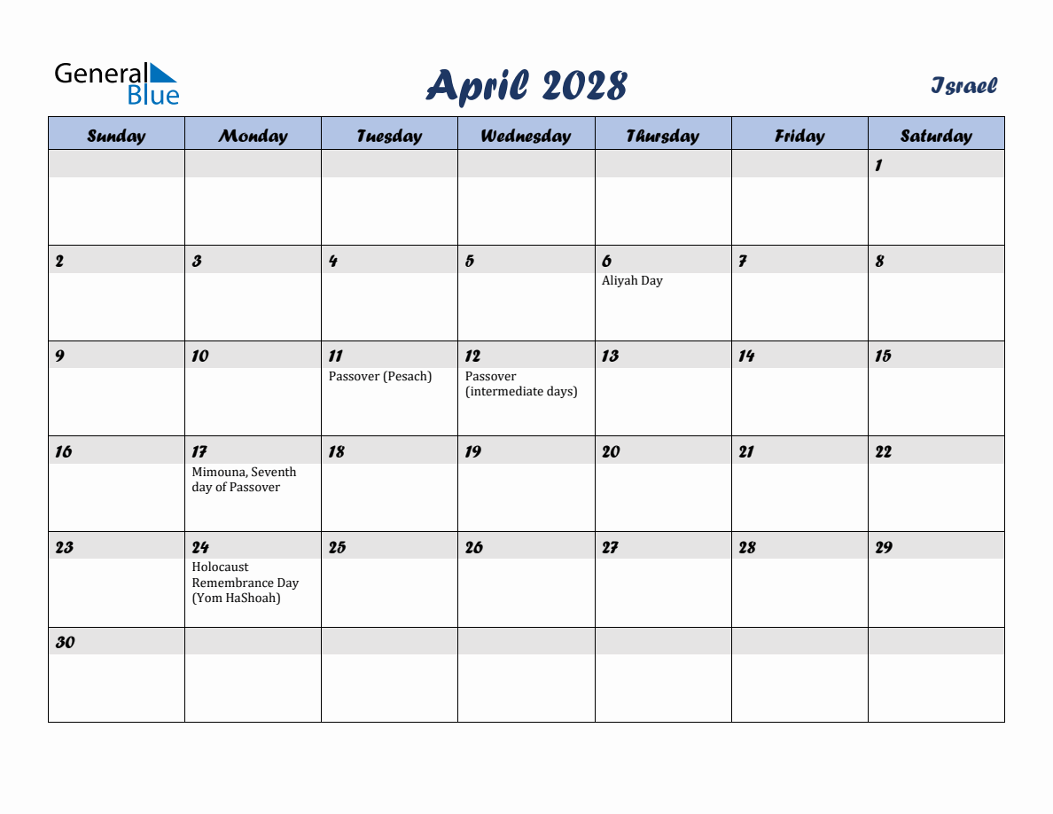 April 2028 Monthly Calendar Template with Holidays for Israel