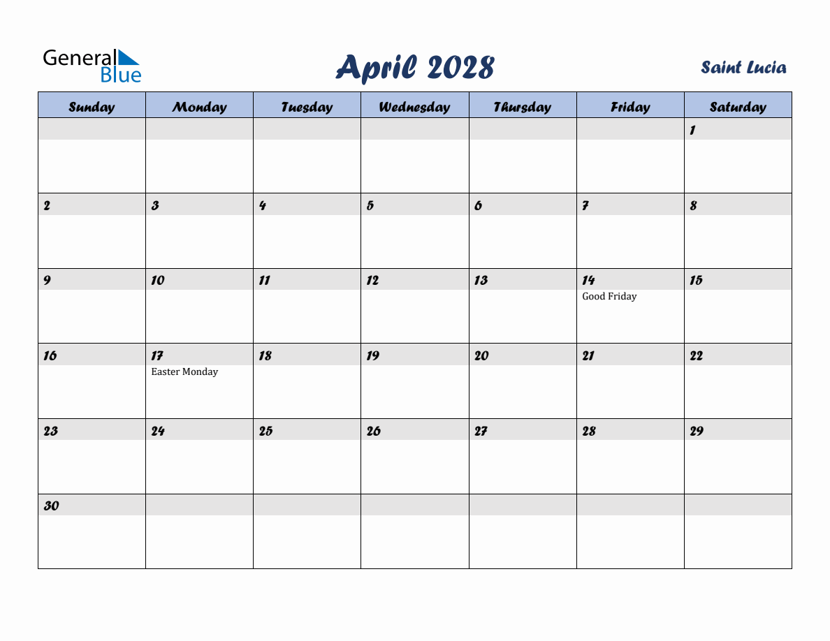 April 2028 Monthly Calendar Template with Holidays for Saint Lucia