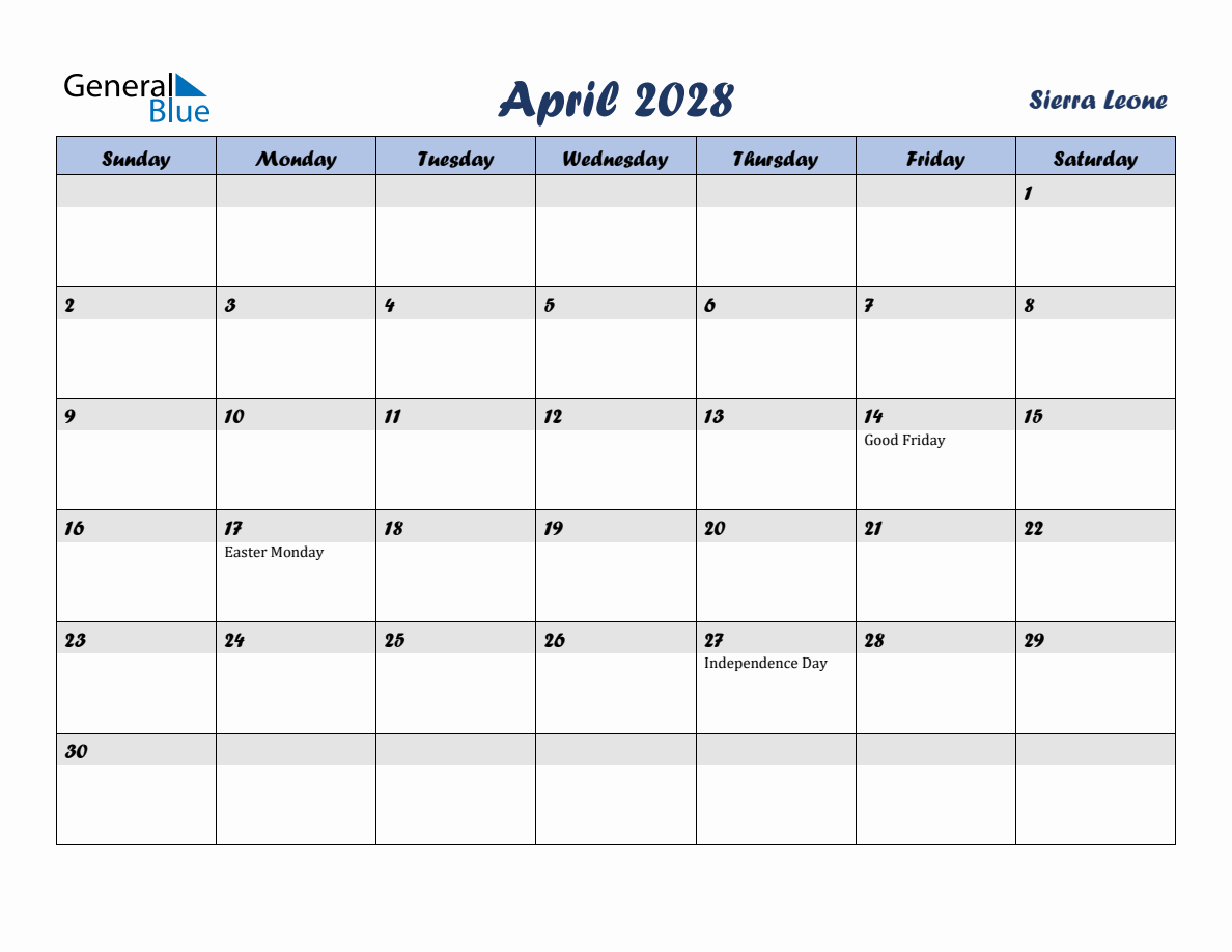 April 2028 Monthly Calendar Template with Holidays for Sierra Leone