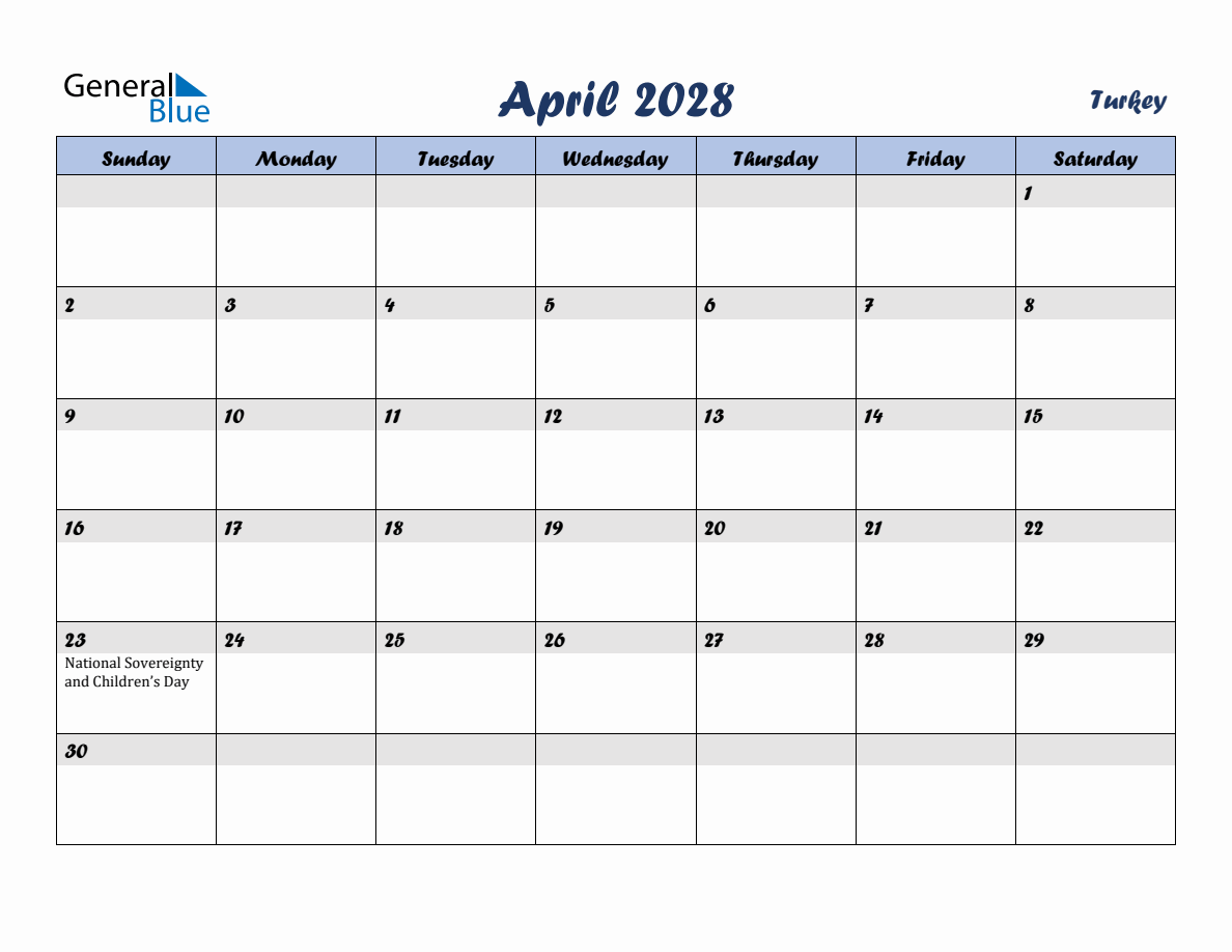 April 2028 Monthly Calendar Template with Holidays for Turkey