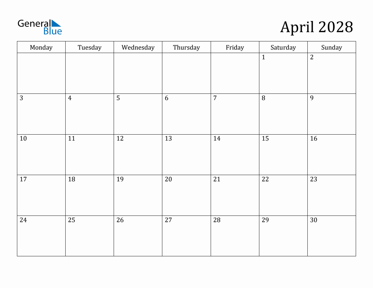April 2028 Monthly Calendar - Monday Start