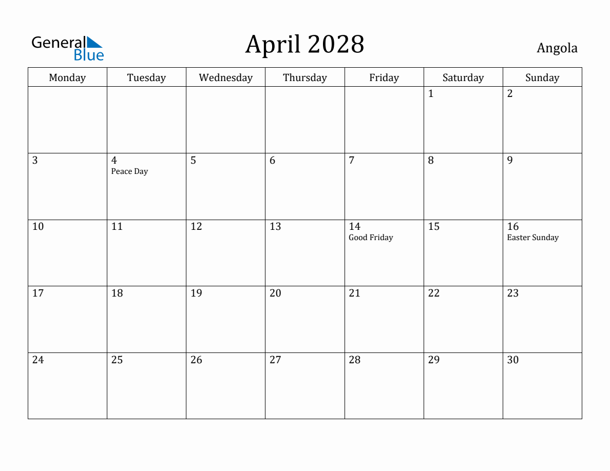 April 2028 Monthly Calendar with Angola Holidays (Monday Start)