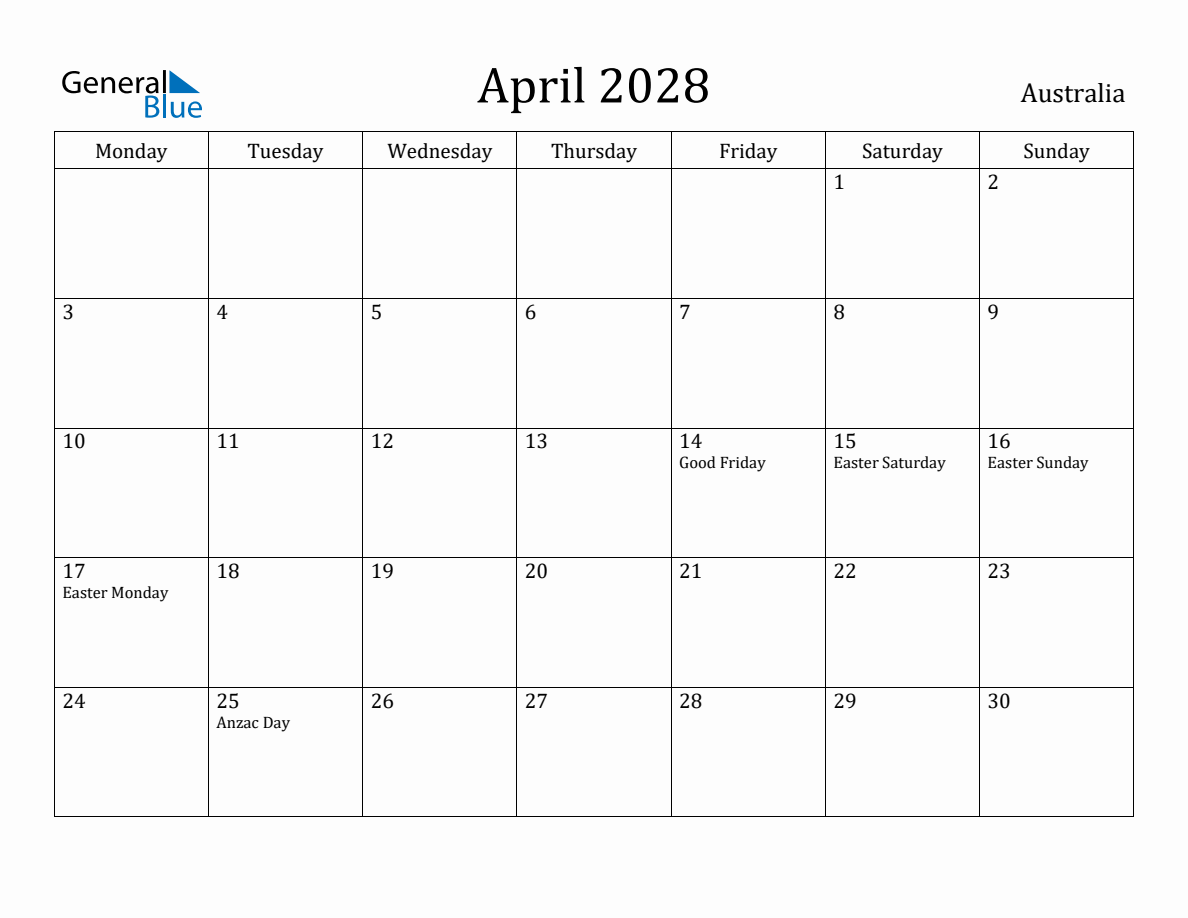 Australia Monthly Calendar - April 2028 (Monday Start)