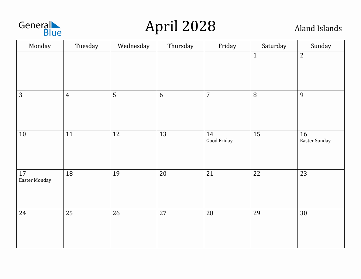 April 2028 - Aland Islands Monthly Calendar with Holidays