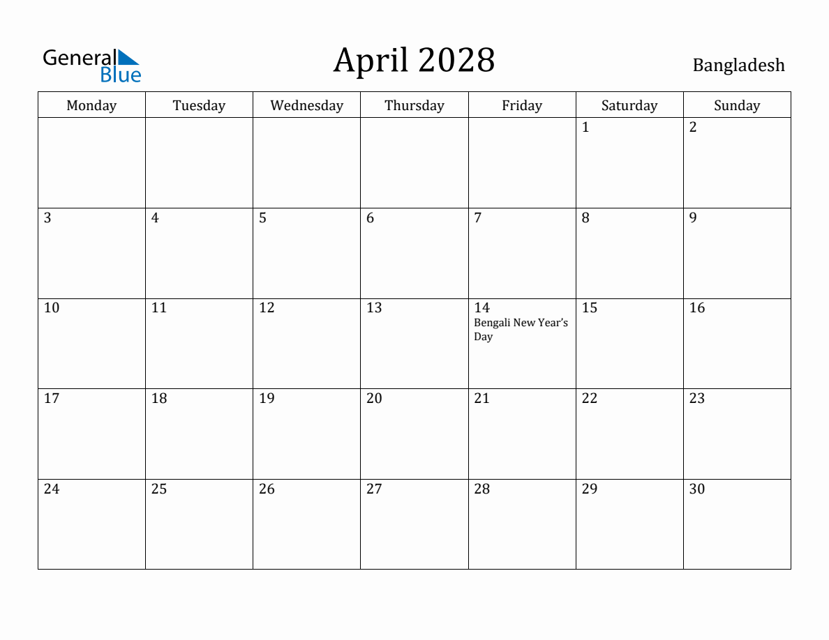 April 2028 Monthly Calendar with Bangladesh Holidays (Monday Start)