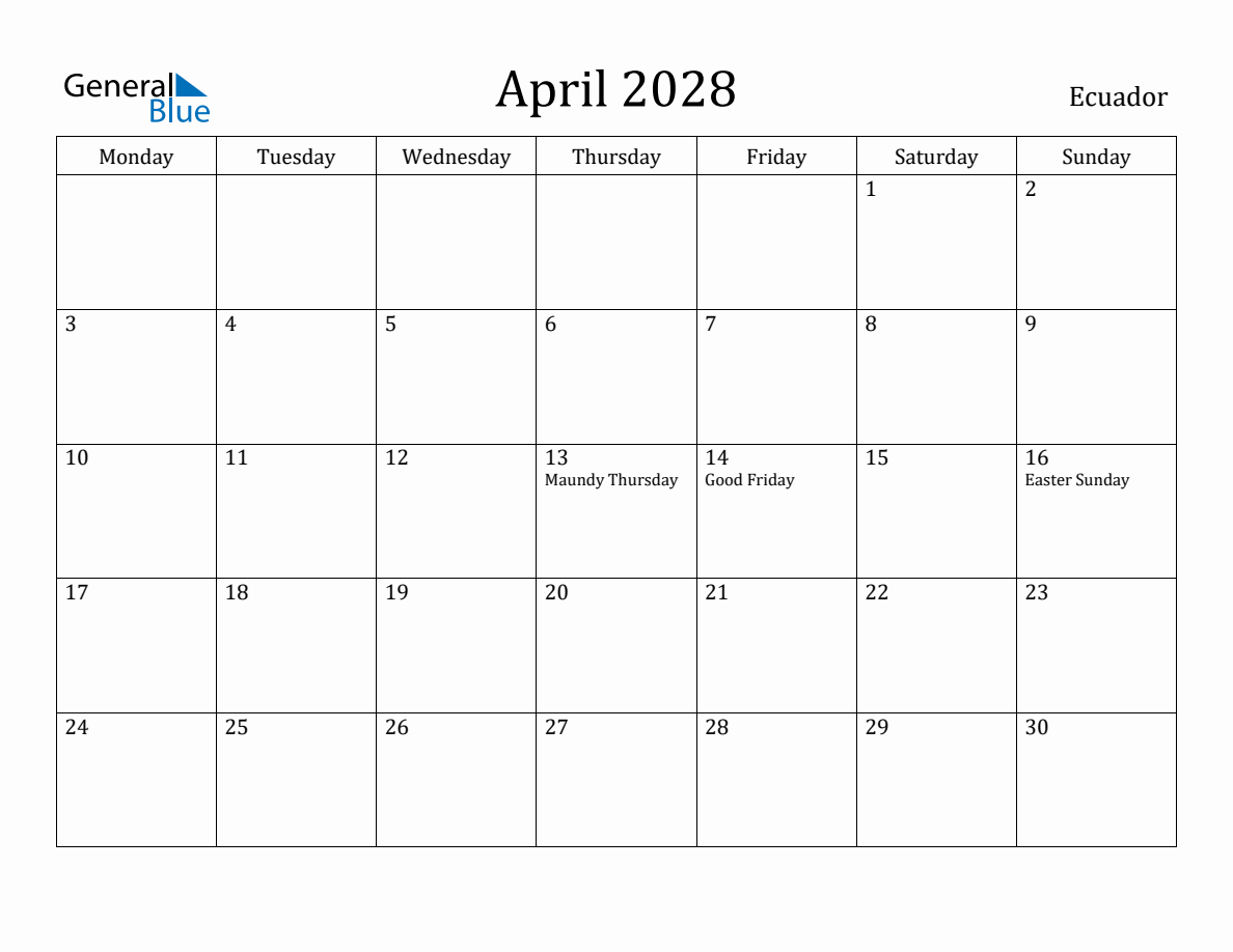 Ecuador Monthly Calendar - April 2028 (Monday Start)