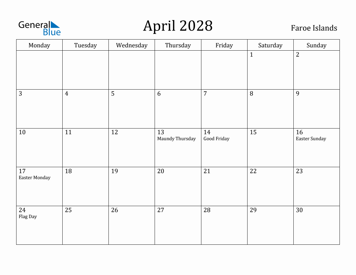 April 2028 - Faroe Islands Monthly Calendar with Holidays