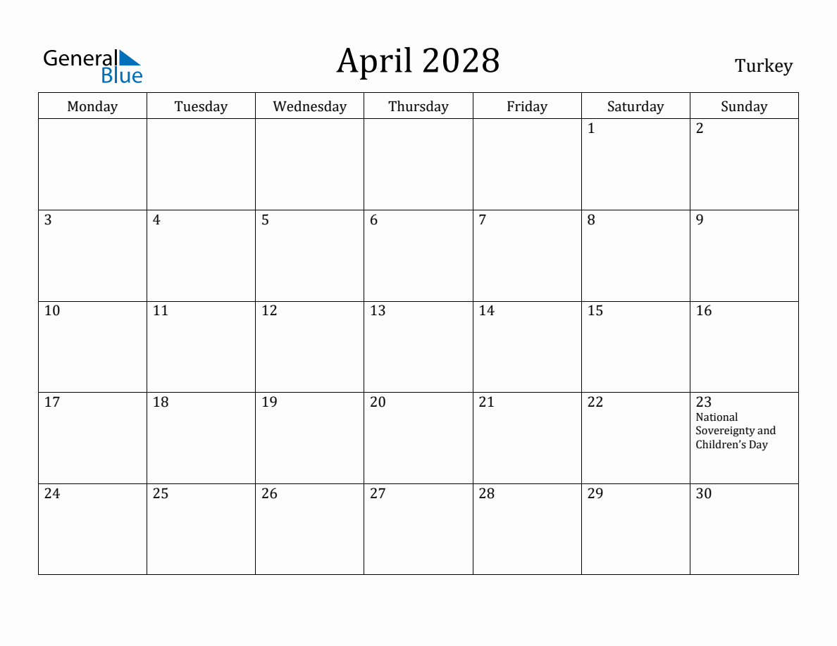 April 2028 - Turkey Monthly Calendar with Holidays