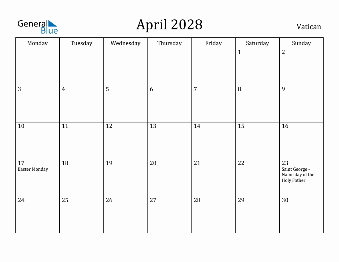 Vatican Monthly Calendar - April 2028 (Monday Start)