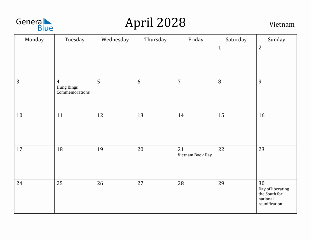 Vietnam Monthly Calendar - April 2028 (Monday Start)