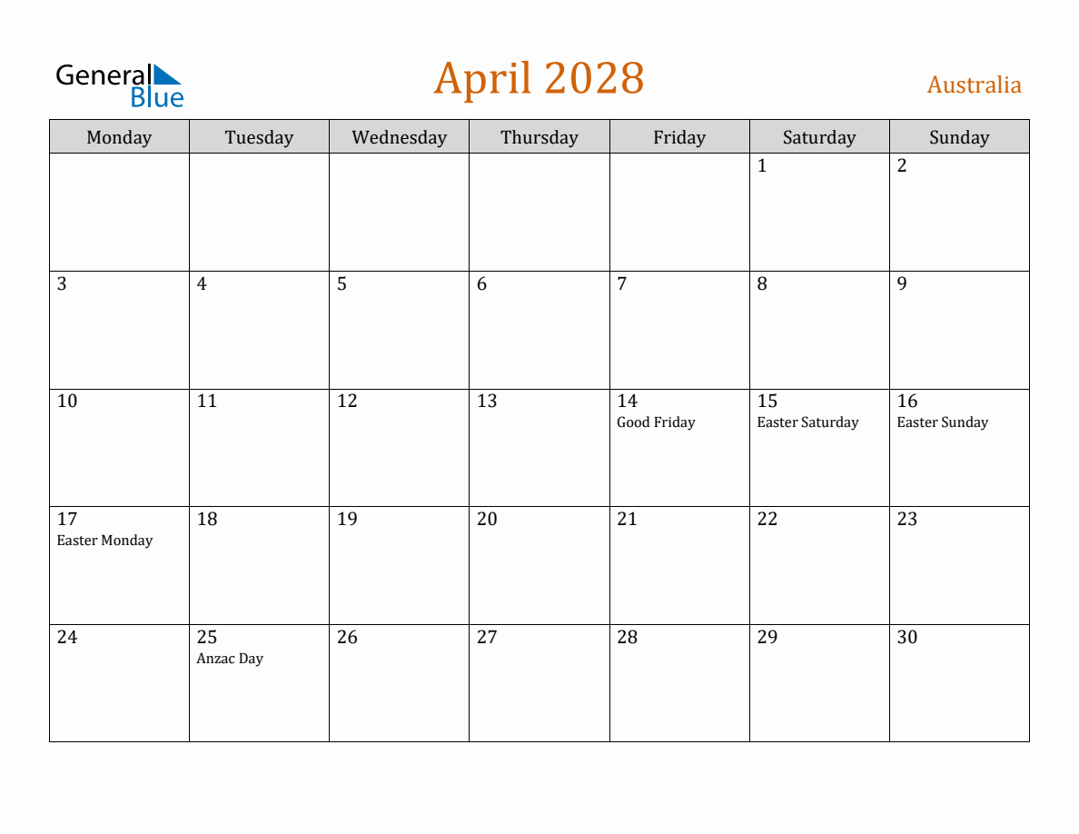Free April 2028 Australia Calendar
