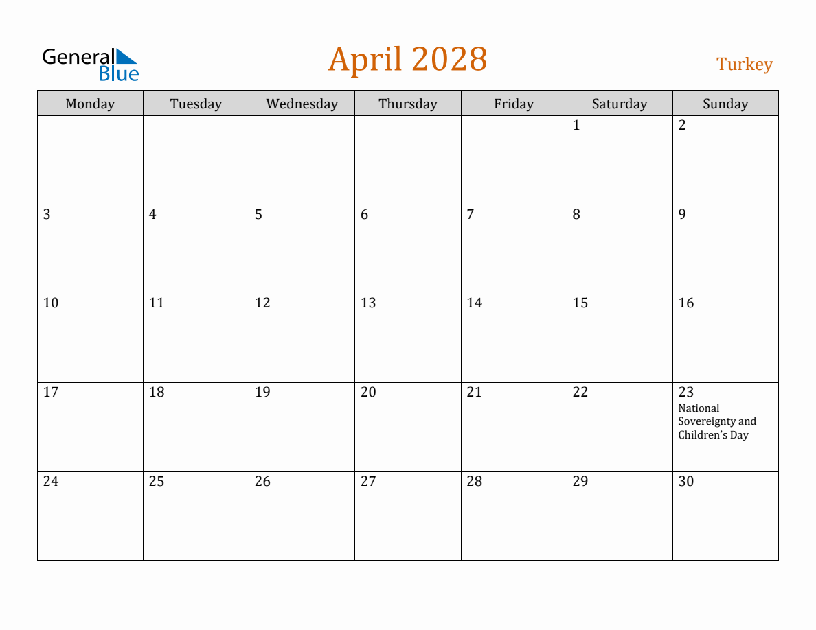Free April 2028 Turkey Calendar