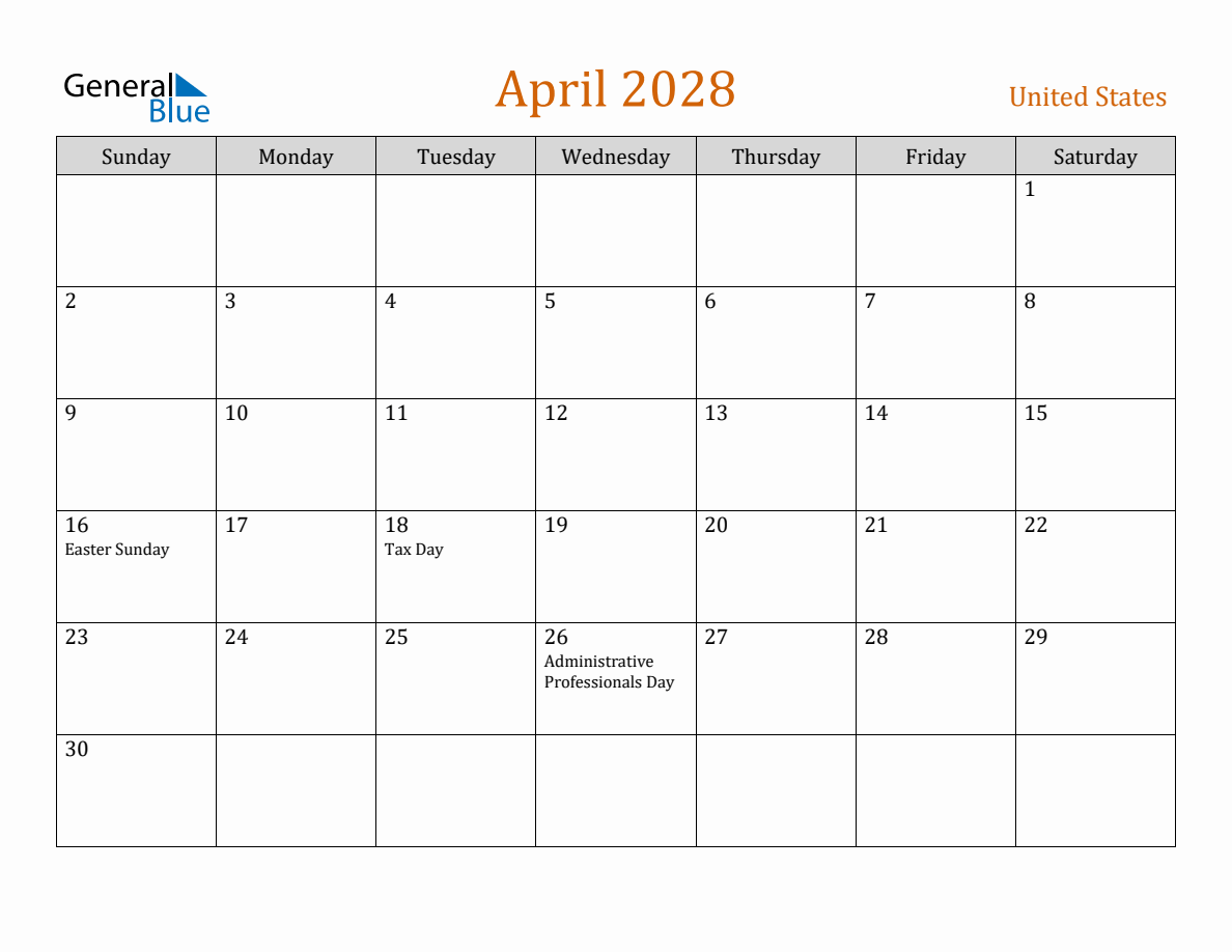 Free April 2028 United States Calendar