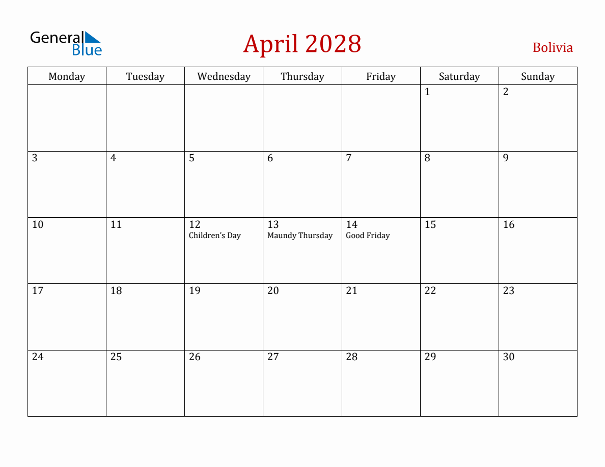 April 2028 Bolivia Monthly Calendar with Holidays