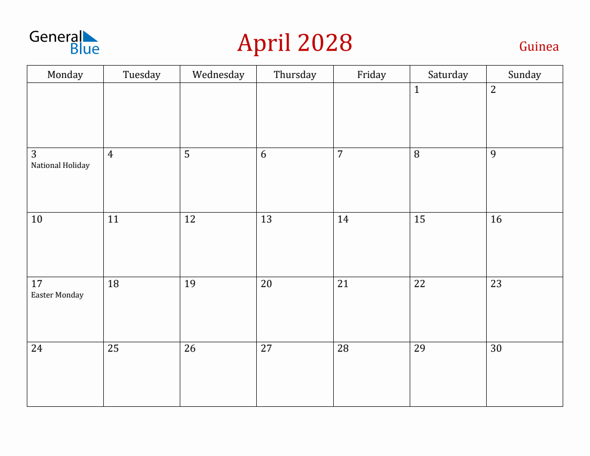 April 2028 Guinea Monthly Calendar with Holidays (Monday Start)