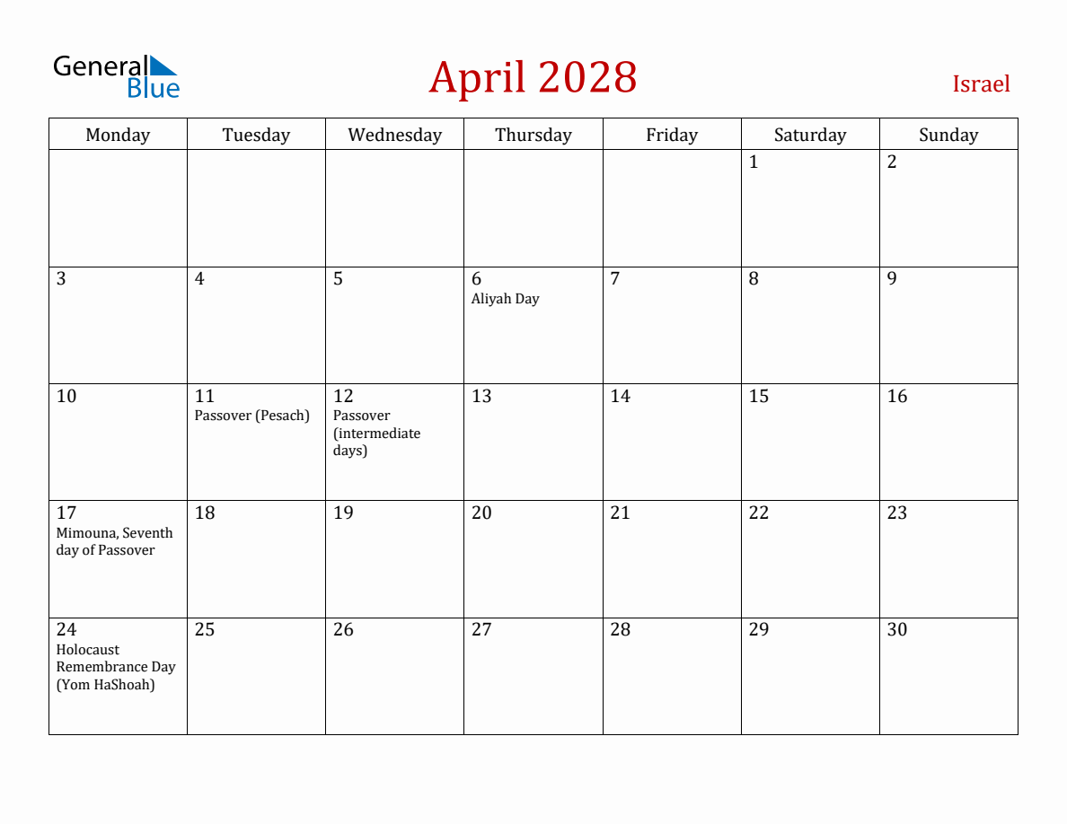 April 2028 Israel Monthly Calendar with Holidays (Monday Start)