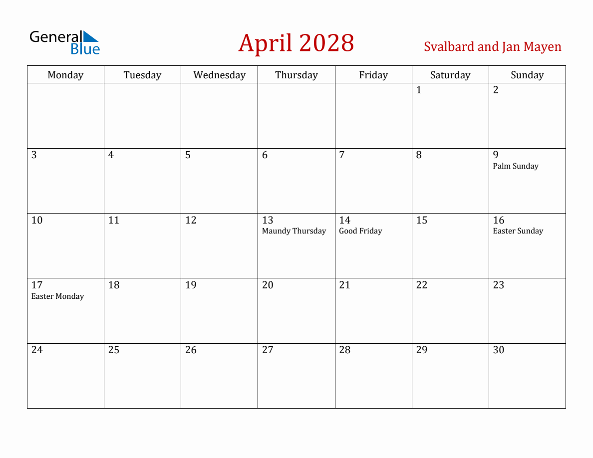 April 2028 Svalbard and Jan Mayen Monthly Calendar with Holidays