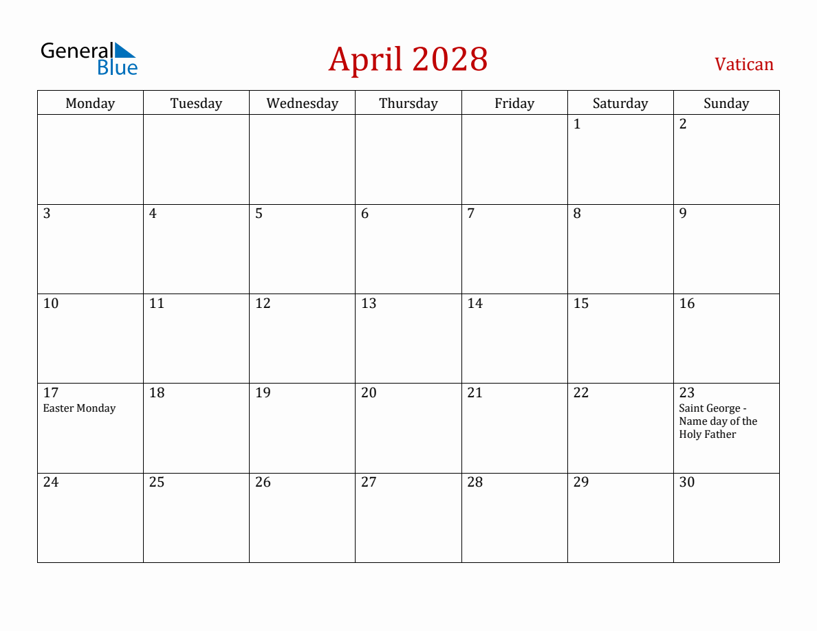April 2028 Vatican Monthly Calendar with Holidays