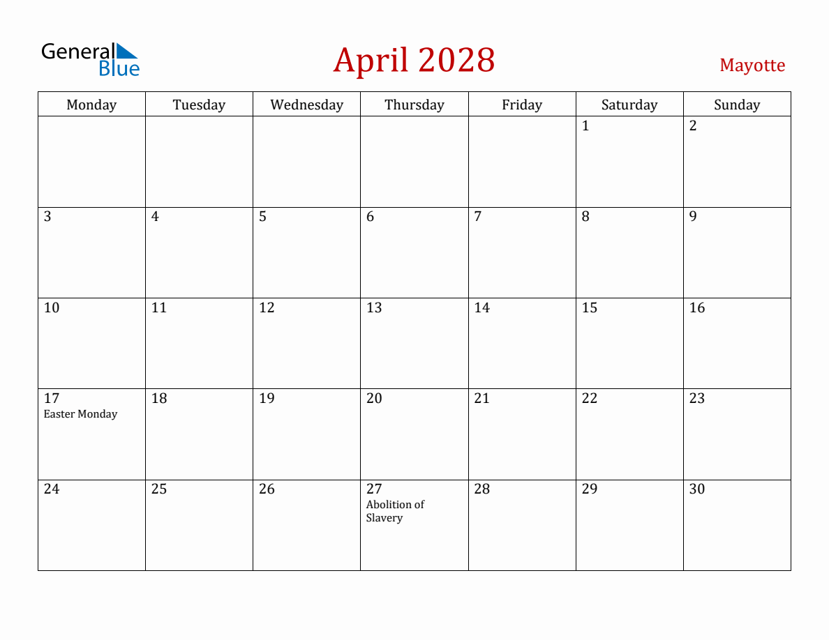 April 2028 Mayotte Monthly Calendar with Holidays (Monday Start)