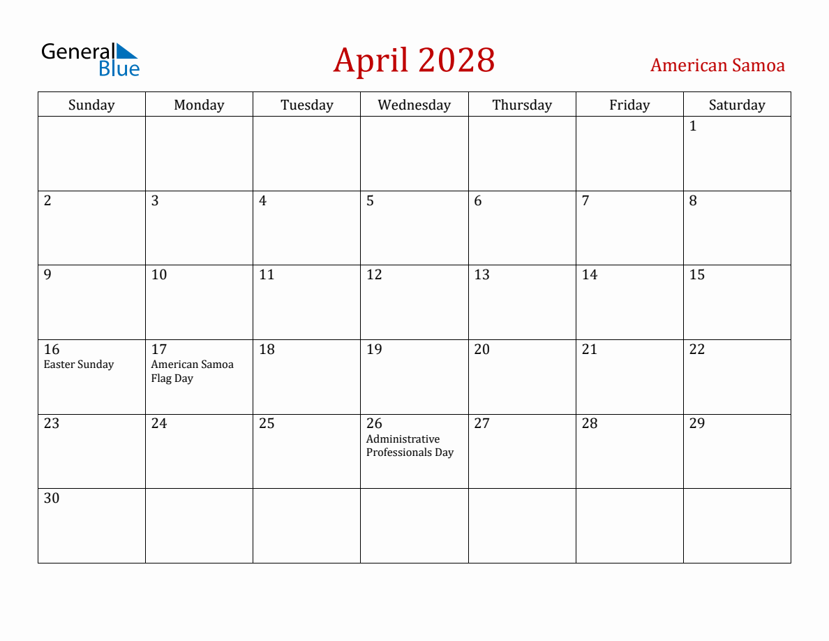 April 2028 American Samoa Monthly Calendar with Holidays