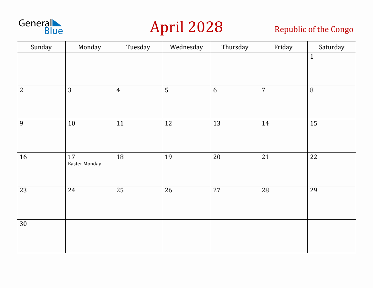 April 2028 Republic of the Congo Monthly Calendar with Holidays