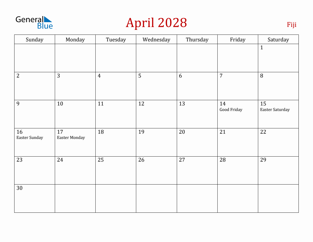 April 2028 Fiji Monthly Calendar with Holidays