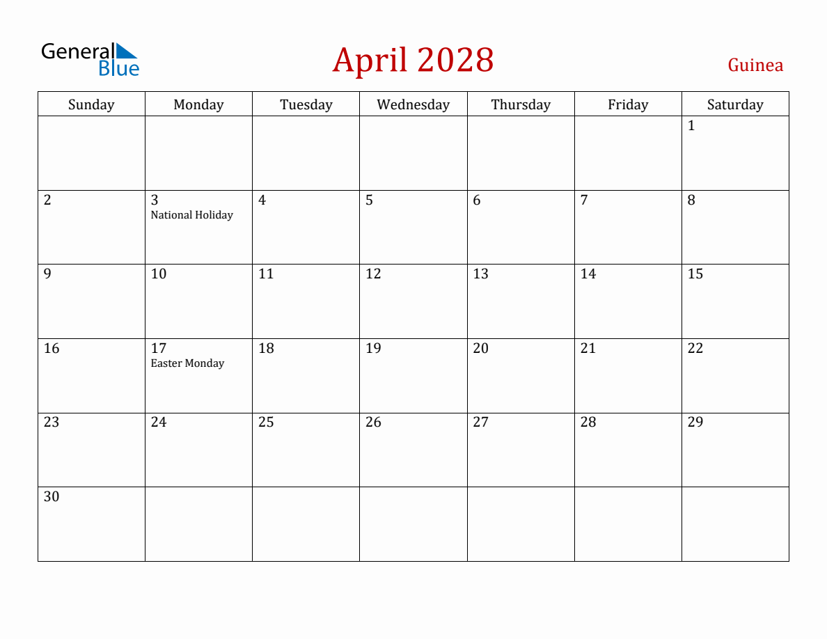 April 2028 Guinea Monthly Calendar with Holidays