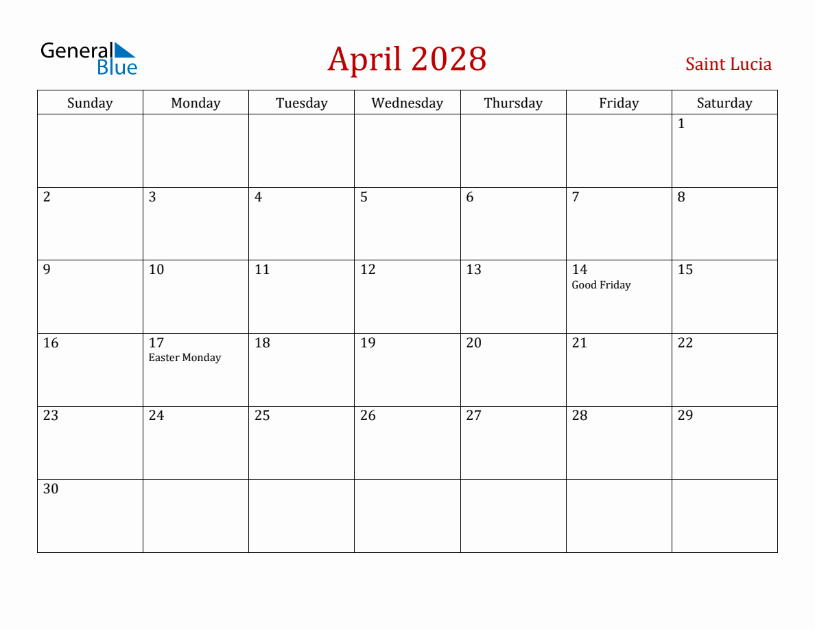 April 2028 Saint Lucia Monthly Calendar with Holidays