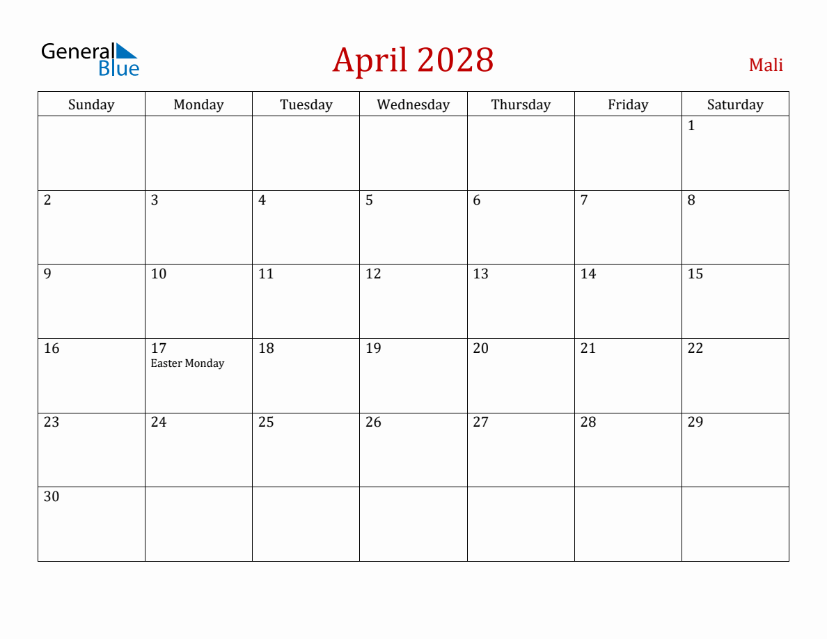 April 2028 Mali Monthly Calendar with Holidays
