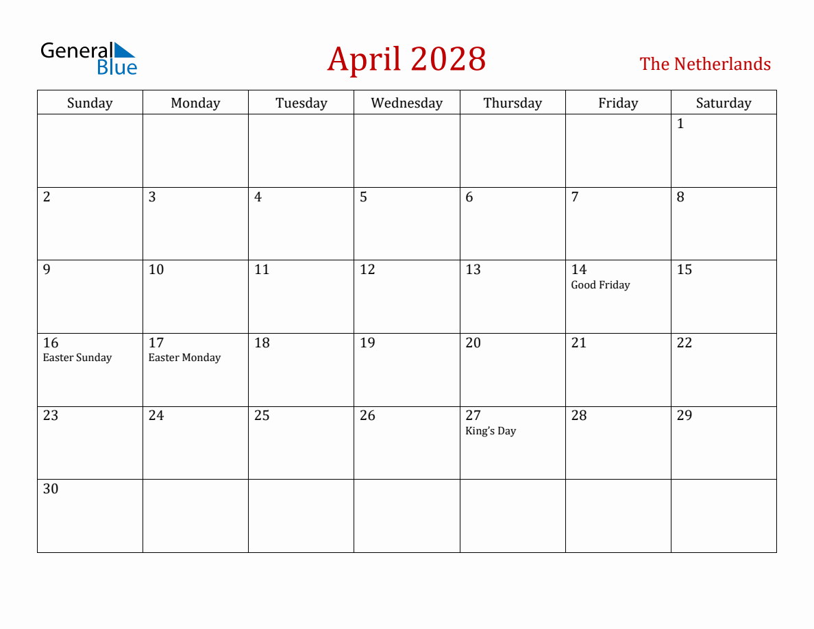 April 2028 The Netherlands Monthly Calendar with Holidays