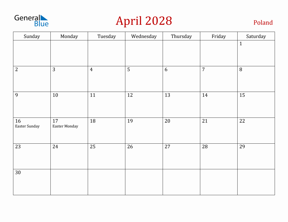 April 2028 Poland Monthly Calendar with Holidays