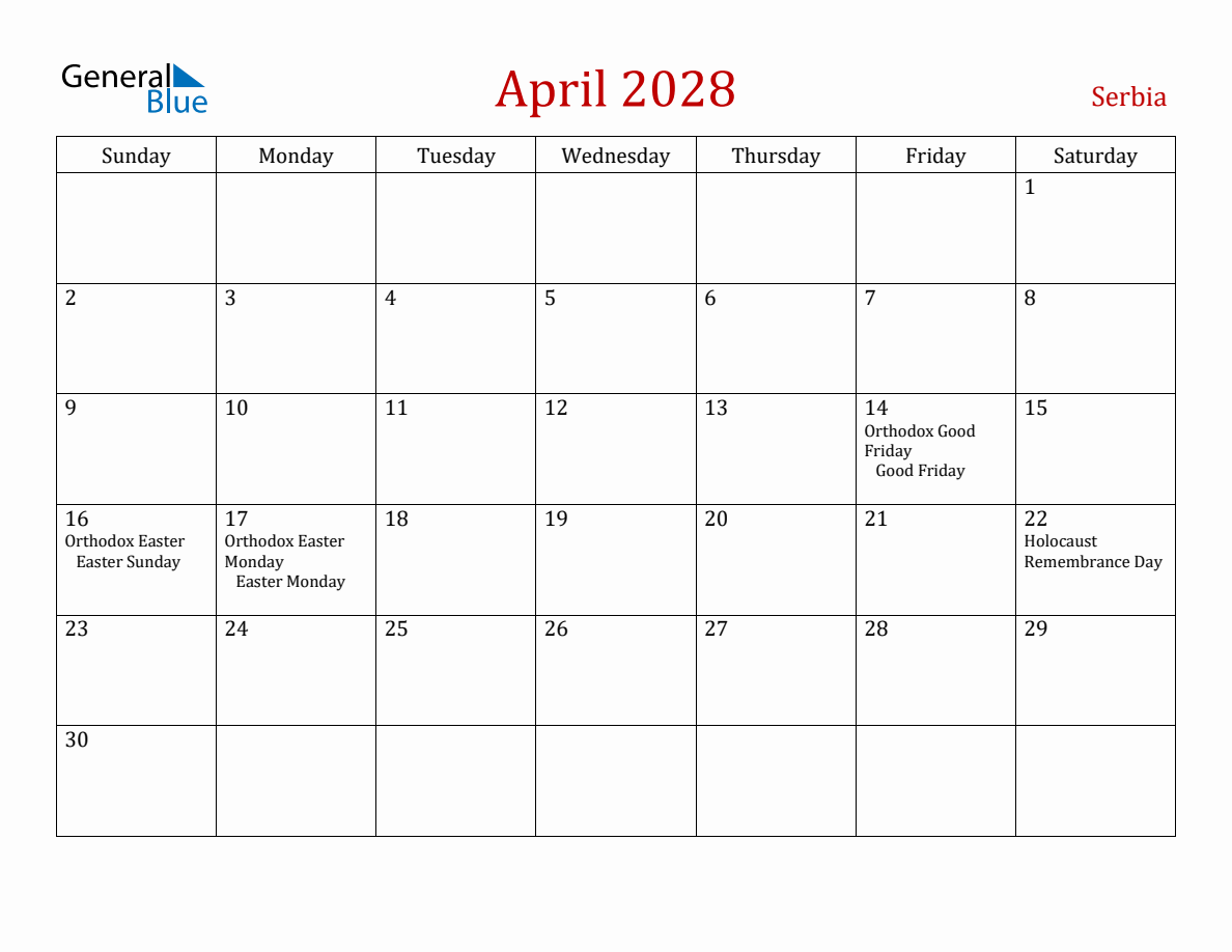 April 2028 Serbia Monthly Calendar with Holidays