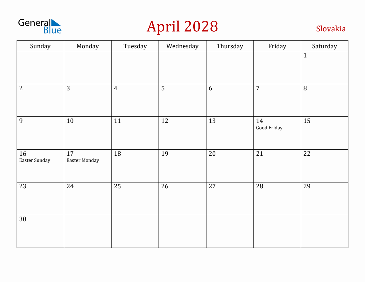 April 2028 Slovakia Monthly Calendar with Holidays