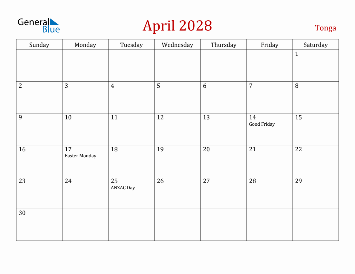 April 2028 Tonga Monthly Calendar with Holidays