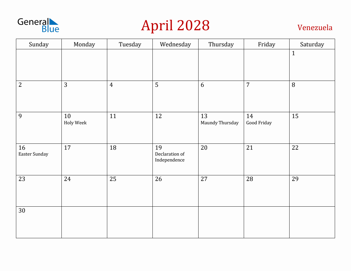 April 2028 Venezuela Monthly Calendar with Holidays