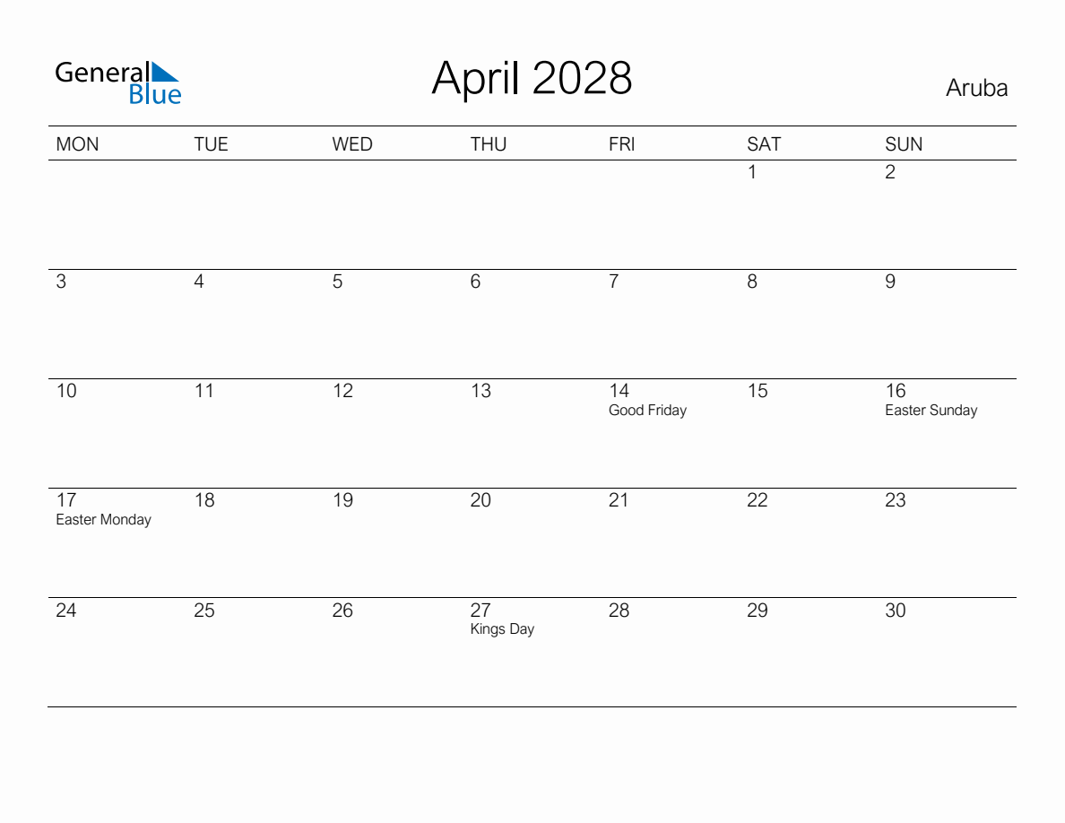 Printable April 2028 Monthly Calendar with Holidays for Aruba