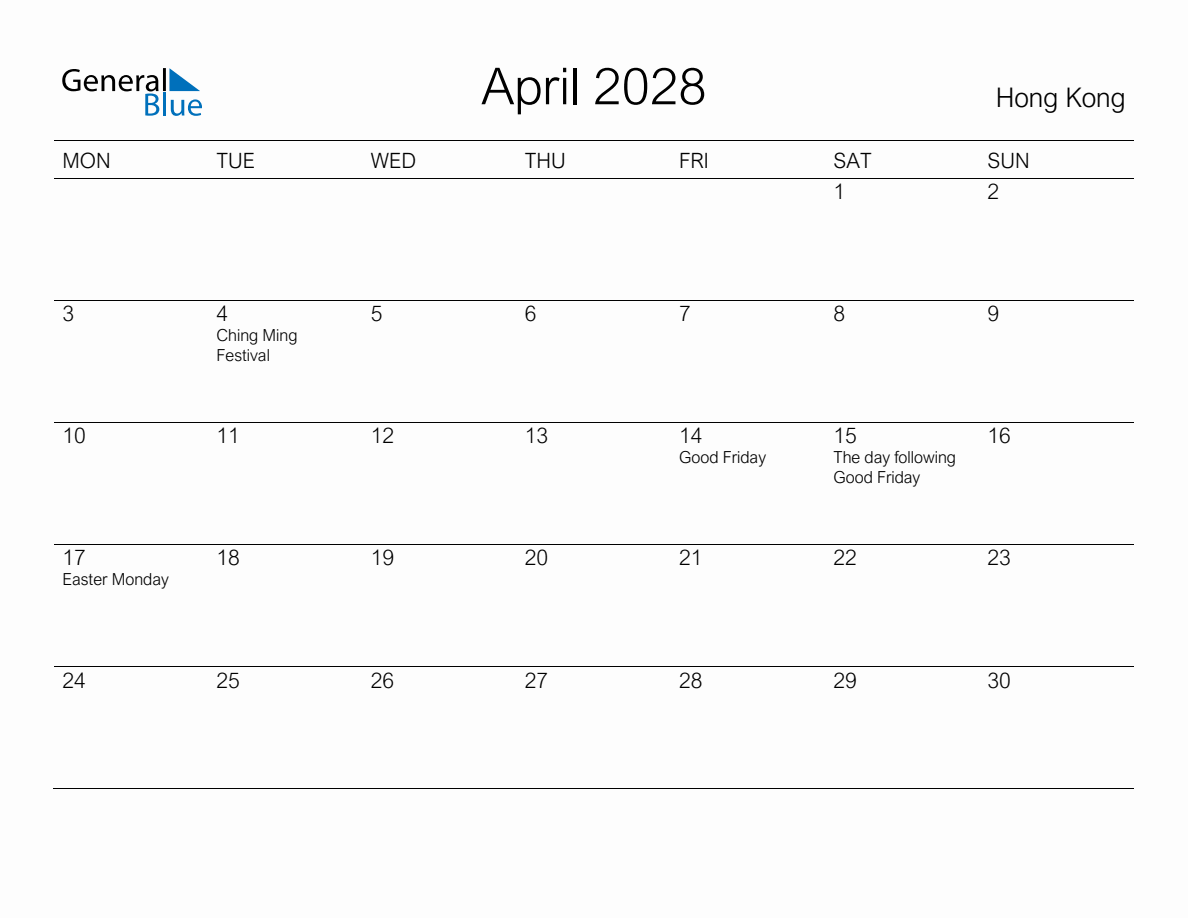 Printable April 2028 Monthly Calendar with Holidays for Hong Kong ...
